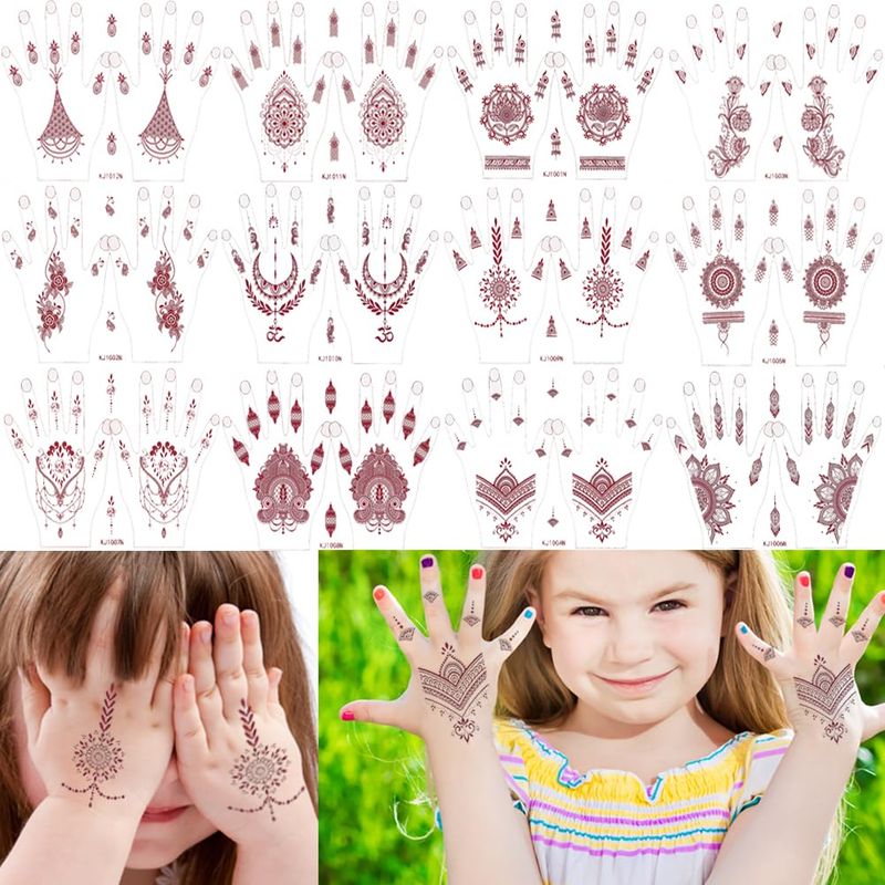 XMASIR Henna Temporary Tattoo Stickers for Kid, 12 Pair Hands Tattoo ...