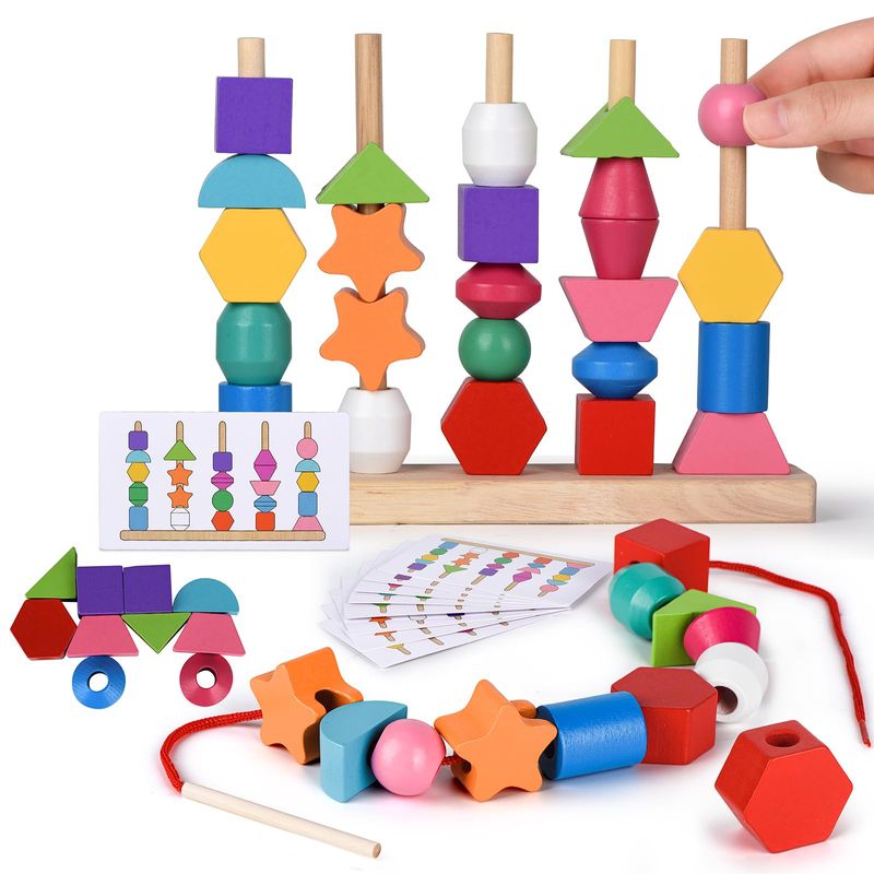 Montessori Bead Sequencing Toy Set, Wooden Stacking Blocks & Lacing ...