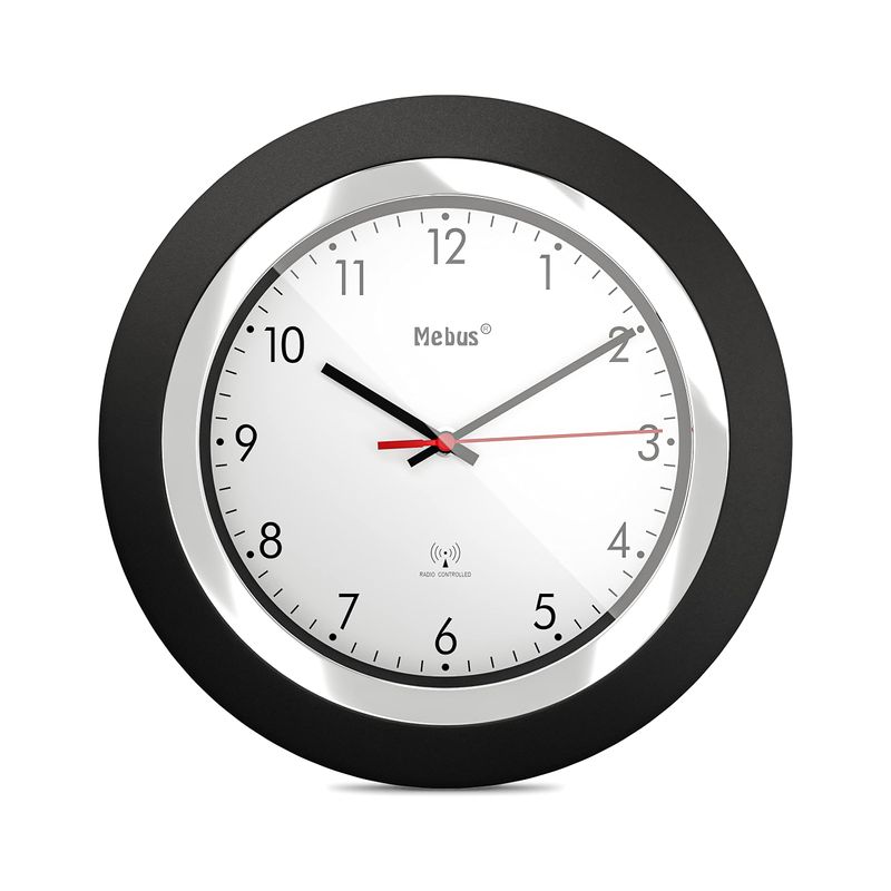 Mebus Radio-Controlled Wall Clock, Classic Model, Black Frame, White Dial, 24 cm Diameter, Round ...