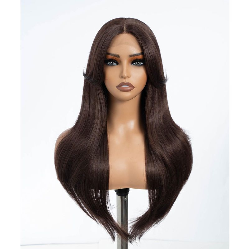 DÉBUT Chocolate Brown Synthetic Lace Front Wigs with Curtain Bangs ...