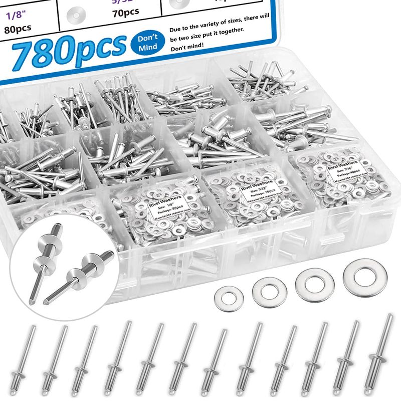 smseace 780pcs 18-Sizes Pop Rivets Assortment Kit with Backup Washers 3 ...