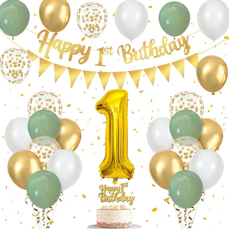 1st Birthday Decorations Set for Girls Boys - Sage Green White Gold ...
