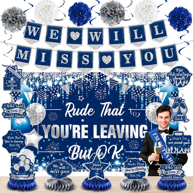 Farewell Party Decorations Blue Silver We Will Miss You Banner ...