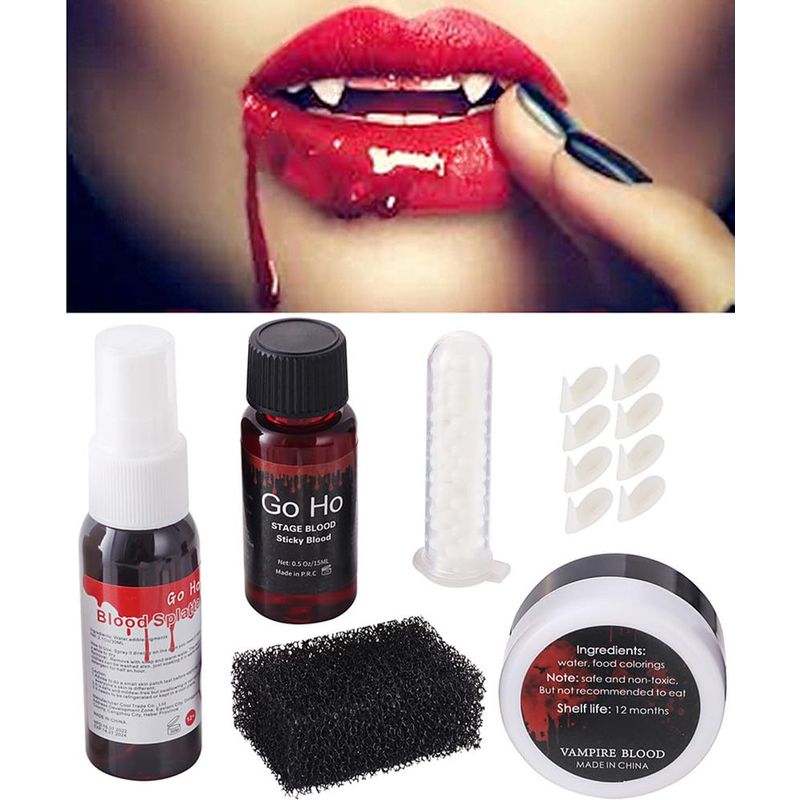 Go Ho Vampire Blood and Fangs Makeup Kit,4 Pairs Vampire Teeth Costume ...