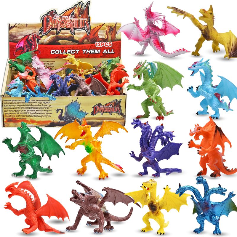 4 Inch Realistic Detail Dragon Toy Set with Gift Box, 12 Pcs Mini ...