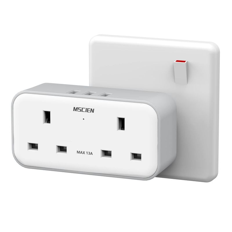 Plug Adapter with 3 USB, Mscien Double Plug Adaptor, Multi Plug ...