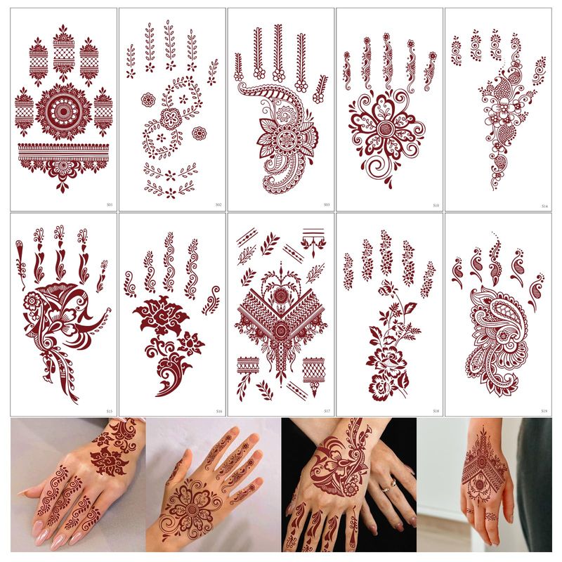 10 Sheets Brown Henna Tattoo Kit, Waterproof Henna Tattoo Stickers for ...