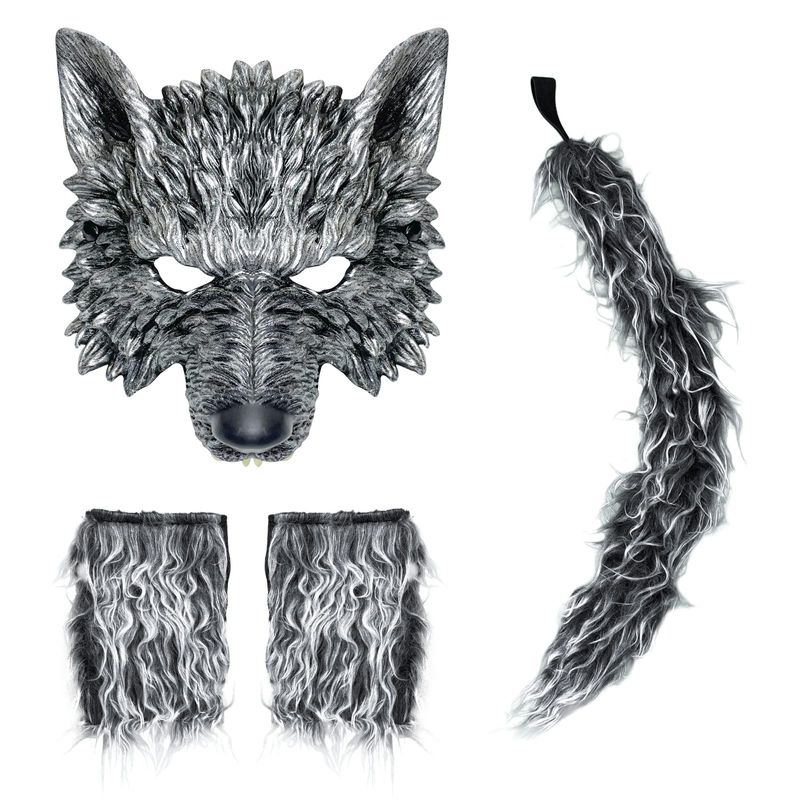 HyperFun Werewolf Costume Halloween Wolf Mask Gloves and Tails Set ...