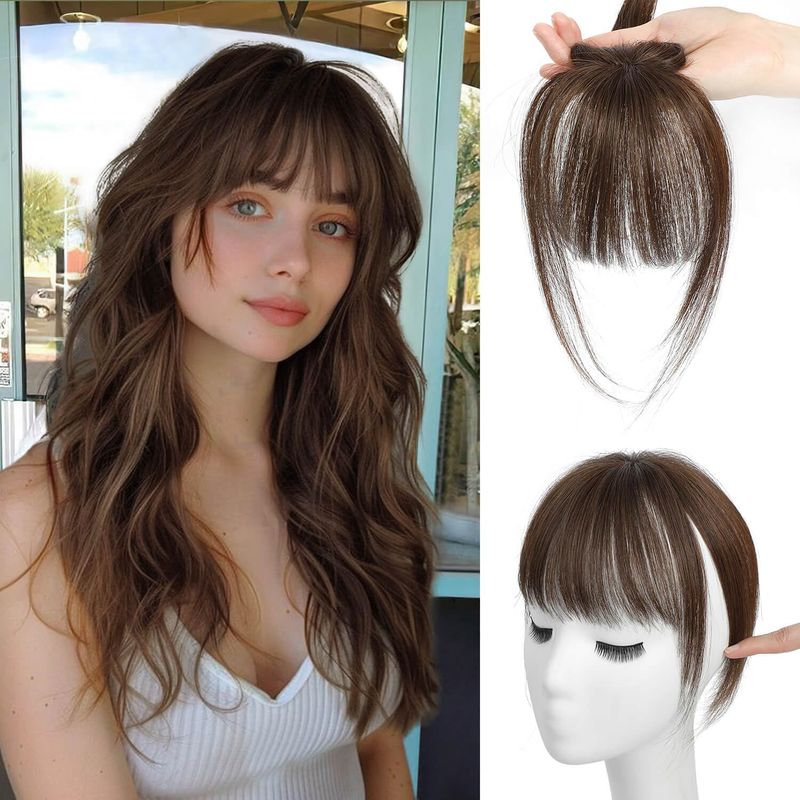 Flyroseing 100% Real Human Hair Fringe Clip in Fringe, Light Brown ...