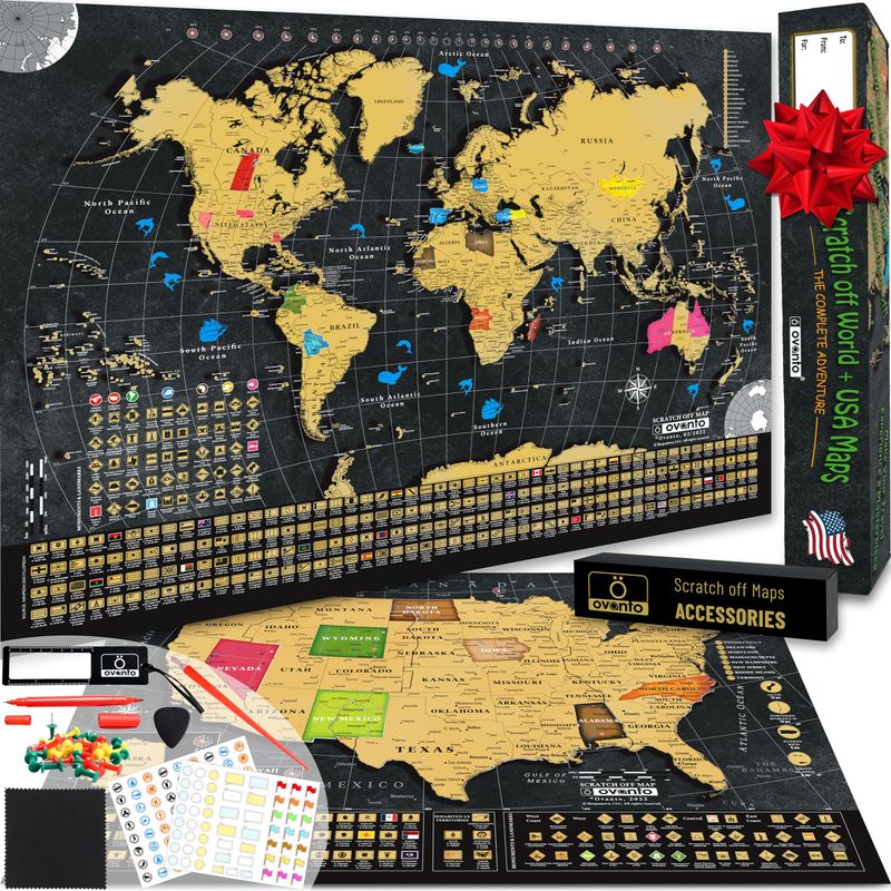 OVANTO Scratch Off World Map & US Map-Durable 17x24” United States Map ...