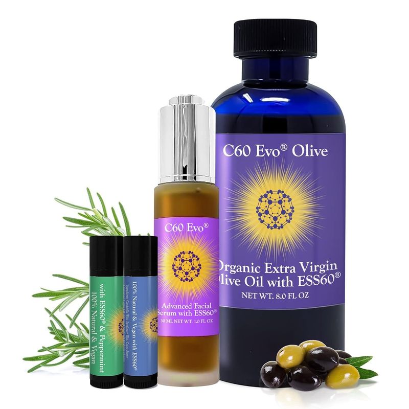 C60 Evo ESS60 Oragnic Olive Oil 8 Oz, C60 Evo Advanced Facial Serum, C60 Evo Lip Renewal & C60 ...
