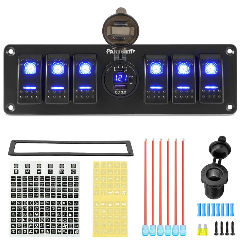 Partsam 6 Gang Rocker Switch Panel 12V-24V Aluminum Boat Marine Toggle ...