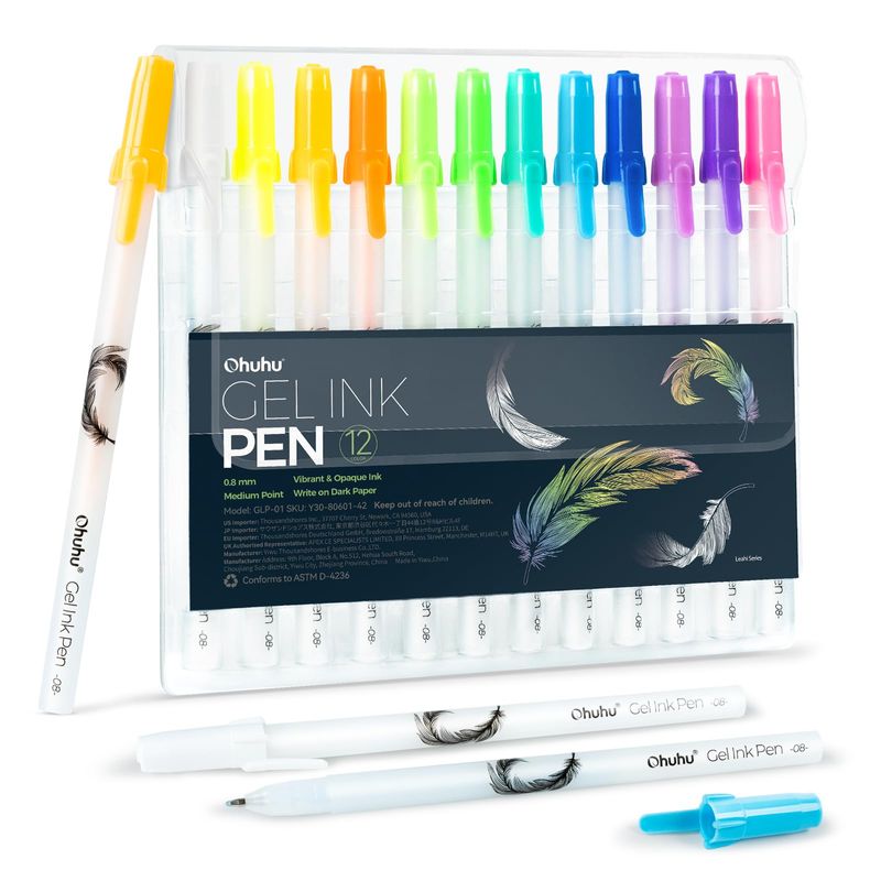 Ohuhu Coloured Gel Ink Pens, 12 Pack Extra Fine Point Pens Opaque Gel ...