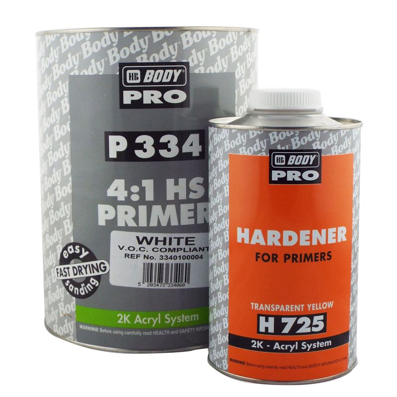 HB Body P334 4:1 HS White 2K Primer 4 Litre V.O.C Compliant & H725 Hardener 1 Litre Suitable For ...
