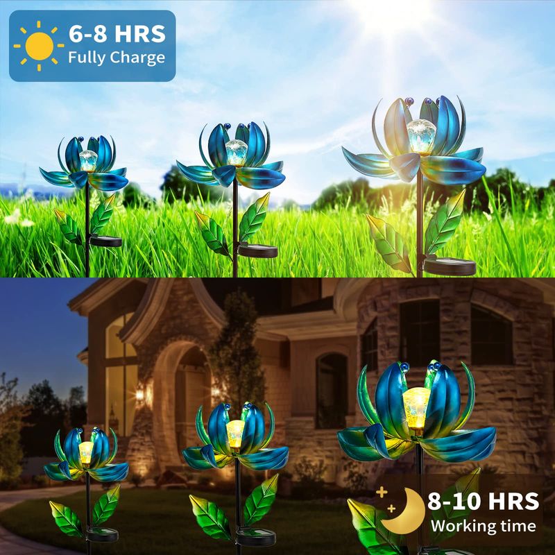 Solar Yard Lights Wind Spinners- Metal Lotus Flower Garden Decor LED ...