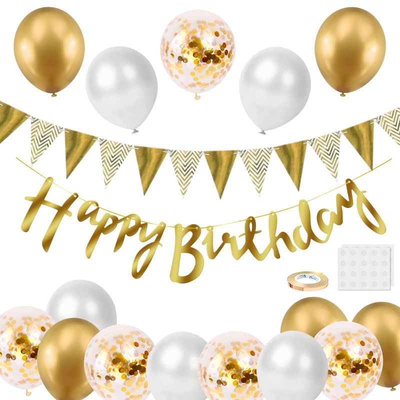 BEKOIUP Gold Birthday Decoration Set: 16pcs Balloons, Banner, Triangle ...