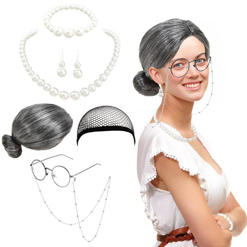 7PCS Old Lady Costume Set, Grandma Fancy Dress Kit with Grey Granny ...