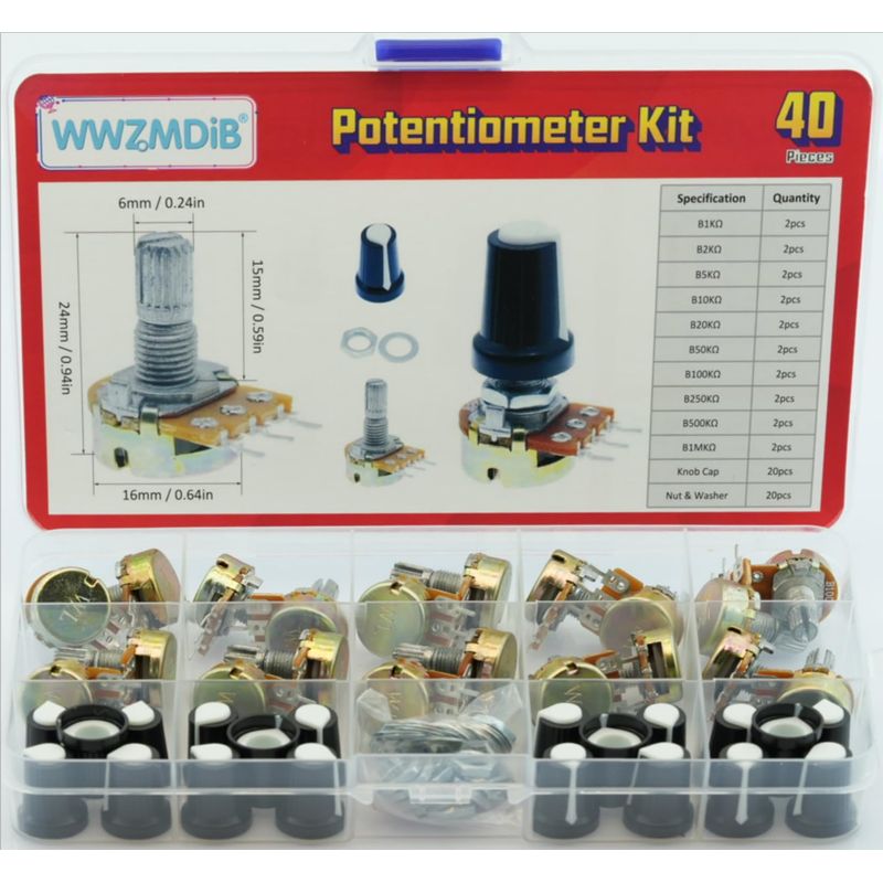 WWZMDiB 40PCS Potentiometer Kit with Knobs B1K 2K 5K 10K 20K 50K 100K 250K 500K 1M Ohm ...