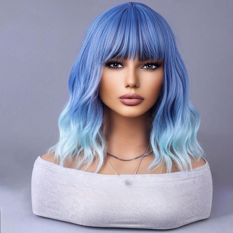 WTHCOS Blue Ombre Short Bob Wig Blue to Light Blue Wig Short Curly Wavy ...