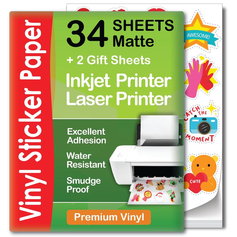 Premium Printable Vinyl Sticker Paper - 34 Sheets - A4 - Matte ...