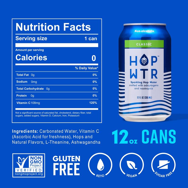 HOP WTR Sparkling Hop Water, Classic 12 Pack, Sugar Free, Low Carb Non ...