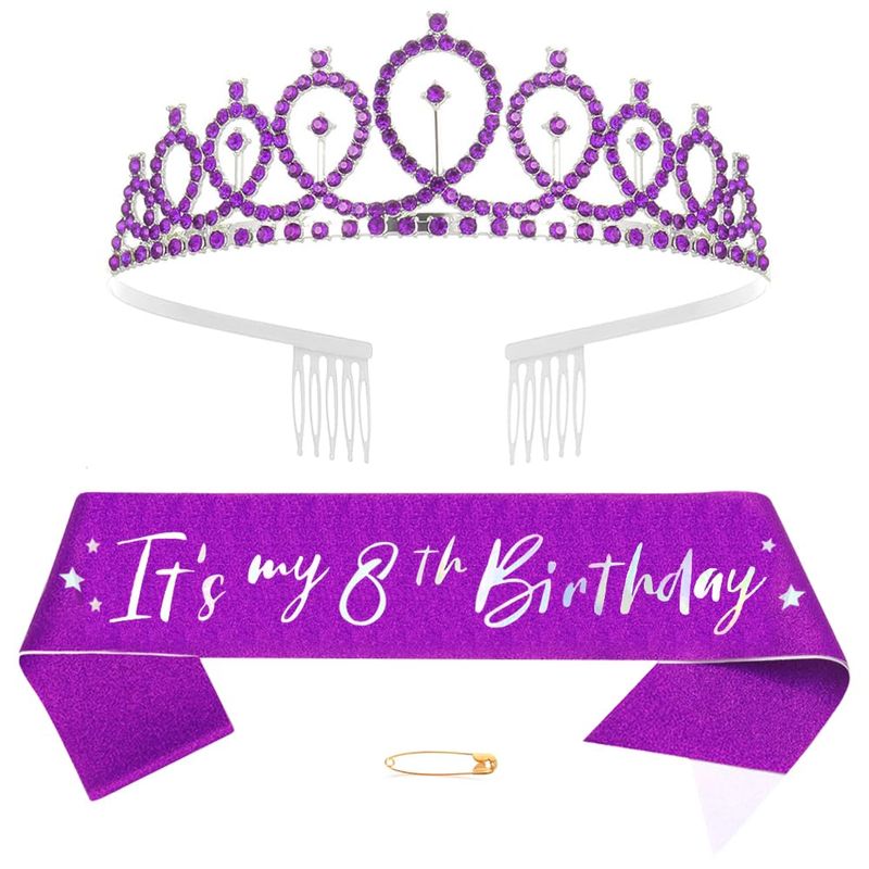 8th Birthday Tiara Sash for Girls Birthday Princess Crown Crystal Queen Tiara Birthday Headbands ...