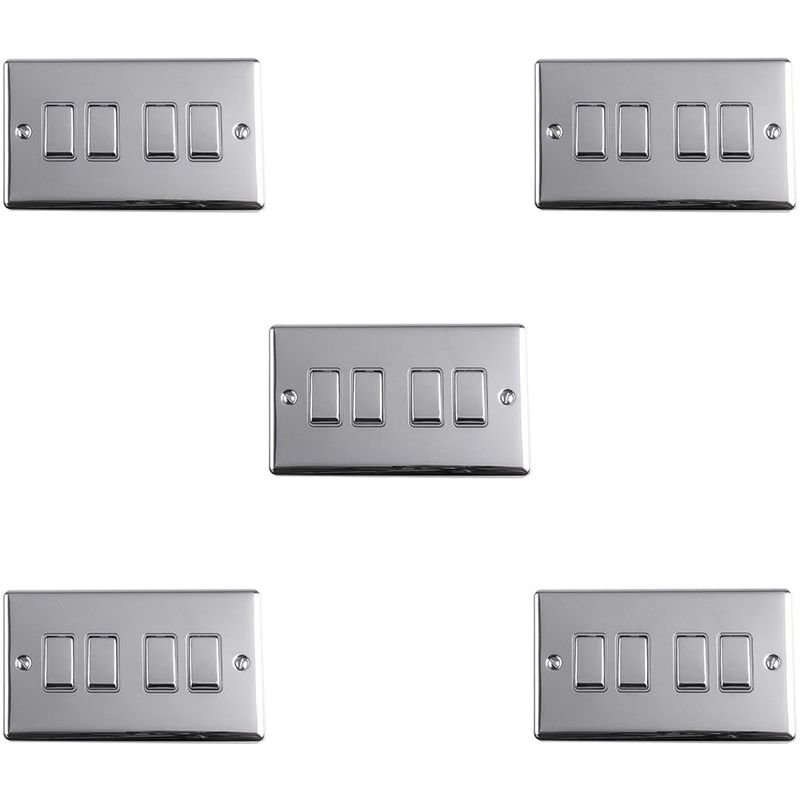 5 Pack 4 Gang Quad Metal Light Switch Polished Chrome 2 Way 10A Grey ...