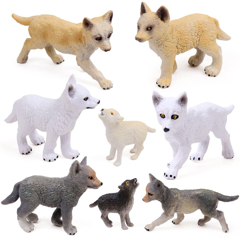 RESTCLOUD 8Pcs Wolf Cub Toy Figure Set Baby Wolves Animals Figurines ...