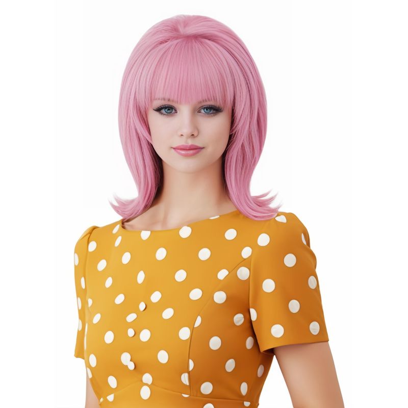 Rugelyss Vintage Short Wavy Pink Wig with Bang Retro Bouffant Beehive Wigs fits 60s 70s 80s ...