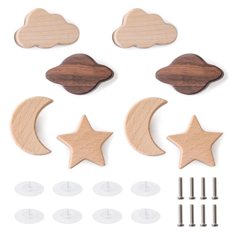 Wooden Star Moon Shape Cabinet Knobs Decorative Wood Dresser Knobs with ...