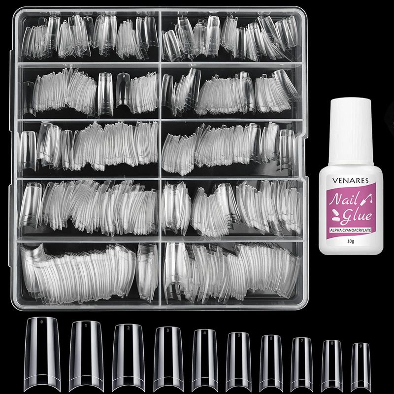 Acrylic Nail Tips Set, Venares 500Pcs Gel Nail Extension Kit 10 Sizes ...