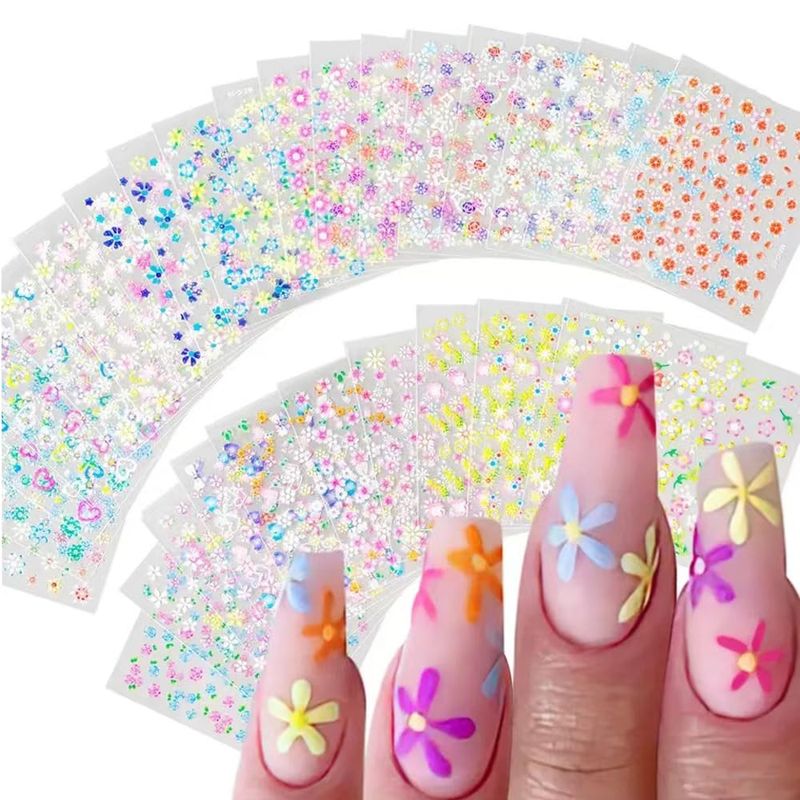 30 Sheets Colorful Flower Nail Art Stickers 3D Self-Adhesive Spring ...