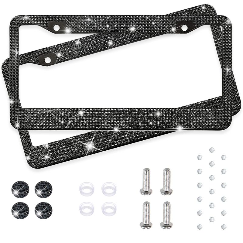 Black Bling License Plate Frames for Women - 2 Pack Bedazzled Cover ...
