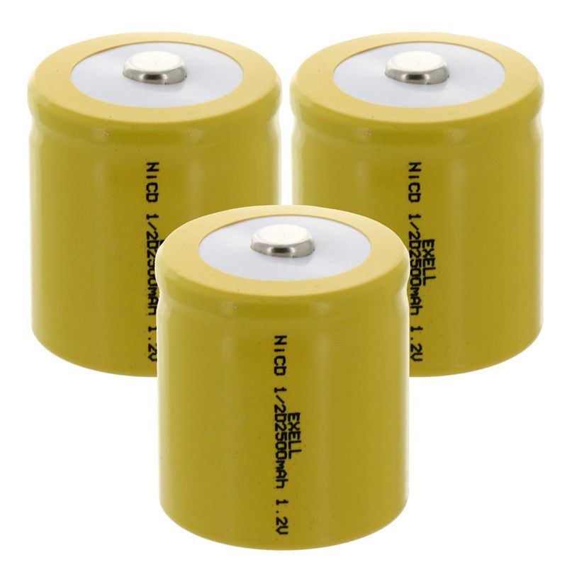 (3-PACK) Exell 1/2D Size 1.2V 2500mAh NiCD Button Top Rechargeable ...