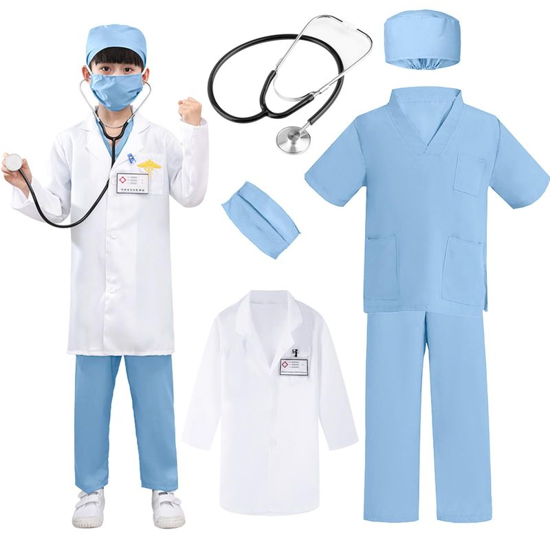 Amtum Kids Doctors Outfit Doctor Costume Kids with Lab Coat，Stethoscope，Scrubs Costume, Mask ...