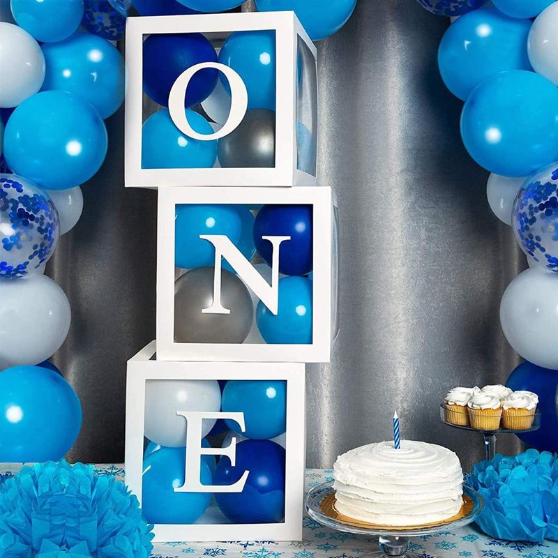 First 1st Birthday Decorations for Boys, 3Pcs White ONE Balloon Boxes ...
