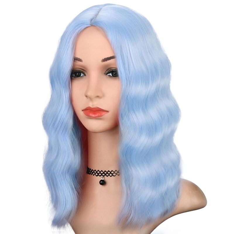 BEAUTIFA Light Blue Wig for Women Wavy Curly Light Blue Bob Wigs Middle ...