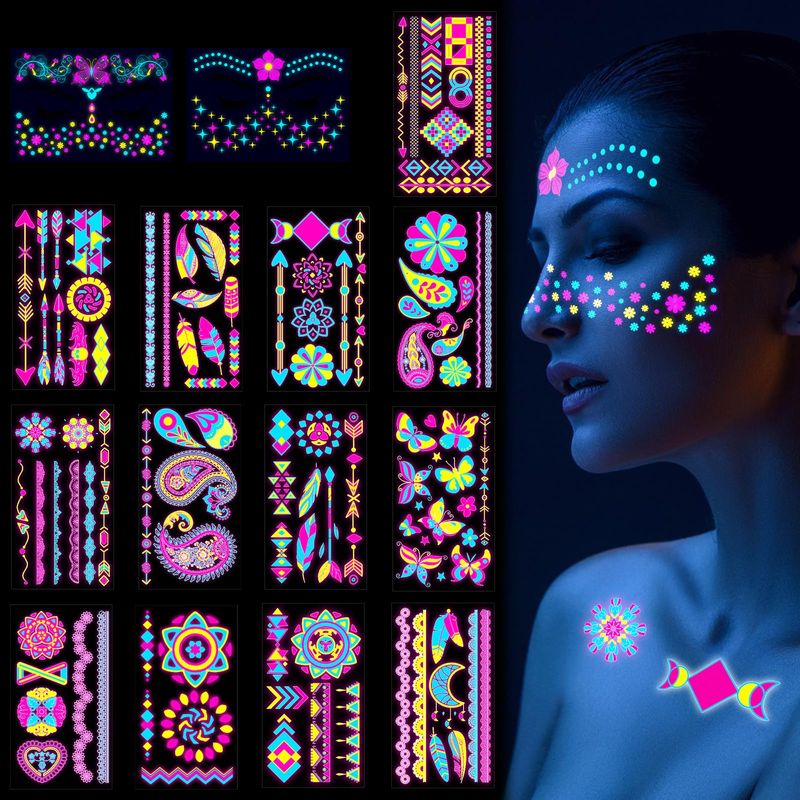 Scettar 15 Sheets Neon Temporary Tattoo, 200+UV Blacklight Neon Glow ...