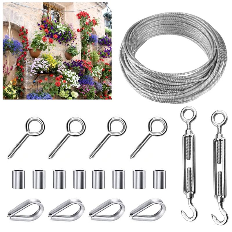 STCRERAG 19 Pcs Catenary Wire Kit, 15m Wire Rope Garden with Stainless Steel Turnbuckle Eye ...