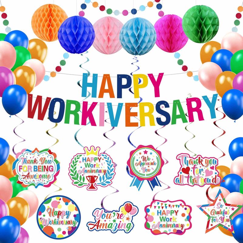 Work Anniversary Decorations,Pre-Strung Iridescent Happy Workiversary ...