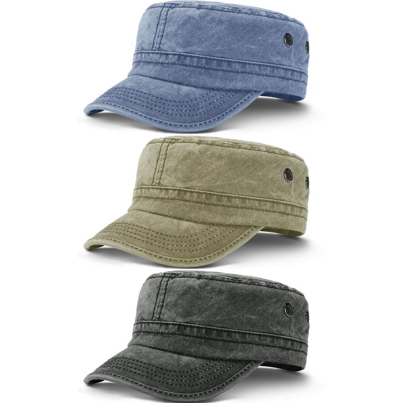 3 Pieces Cadet Army Caps Military Flat Top Caps Washed Cotton Cadet Cap ...