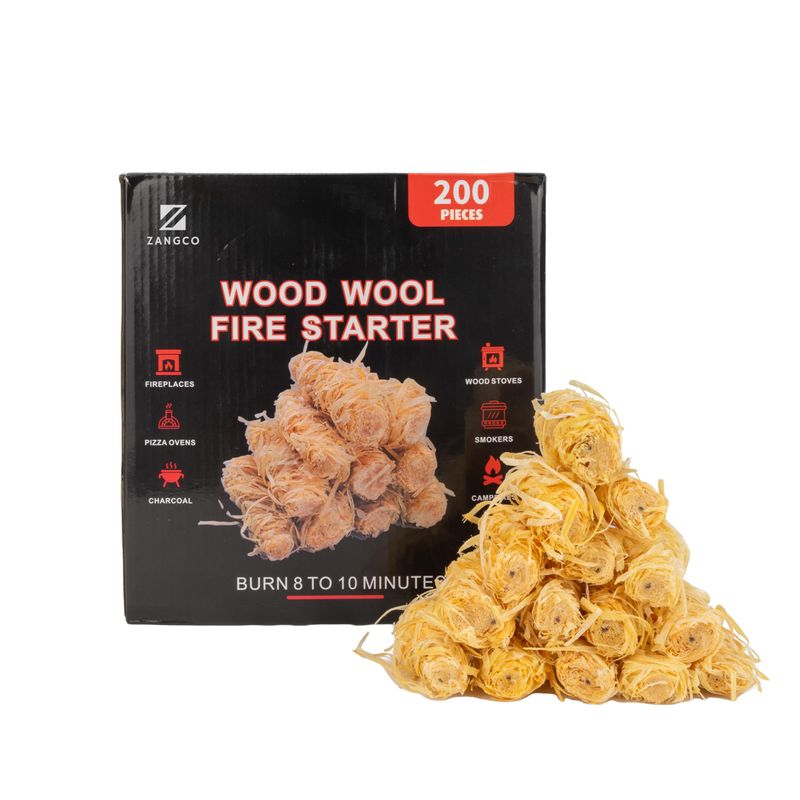 Zangco Natural Wood Wool Firelighters, 200 Count, Eco-Friendly Fire Starters for BBQ, Stove ...