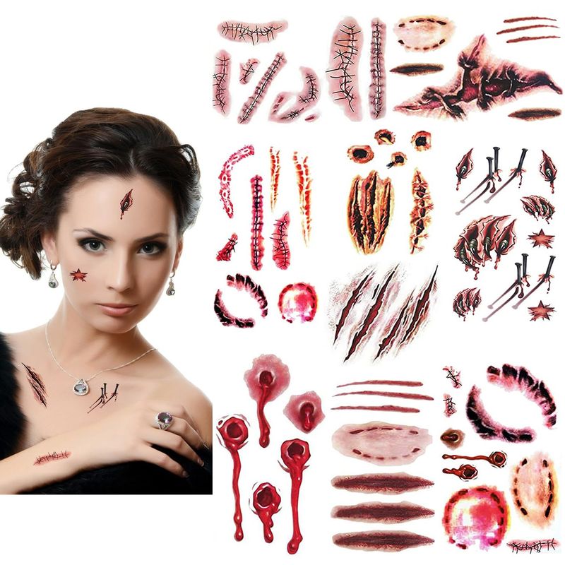 9 Sheets Face Body Horror Realistic Fake Bloody Wound Stitch Scar Scab ...
