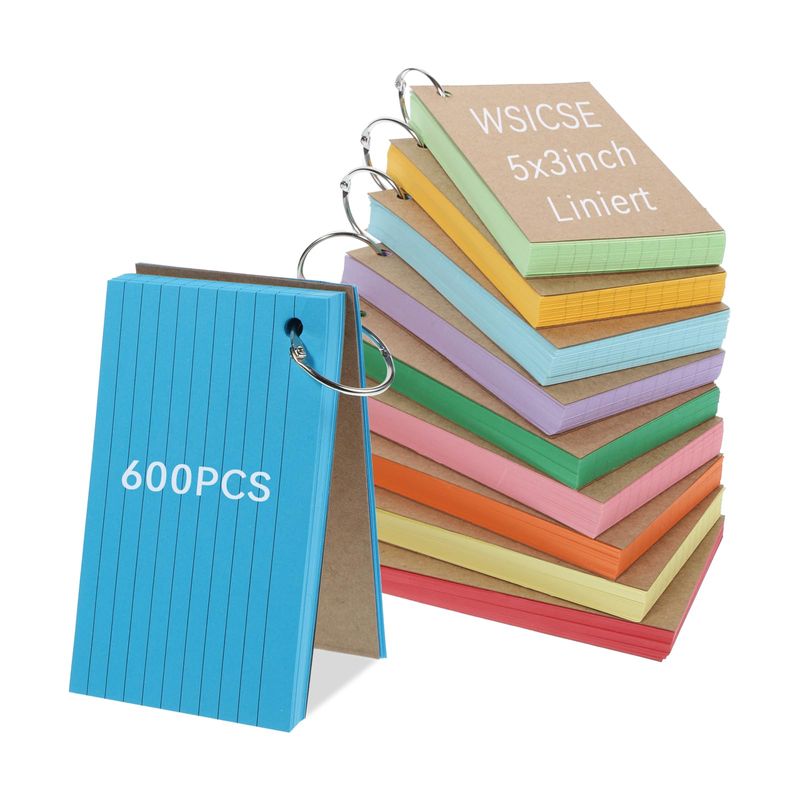 Flash Cards 5x3 Inch, 600 Pcs Coloured Revision Cards Lined Flash Cards ...