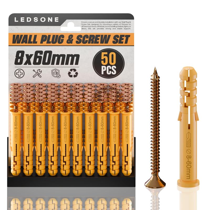 LEDSone 8x60mm Screws and Wall Plugs Set - 50 Pcs Masonry Brick ...
