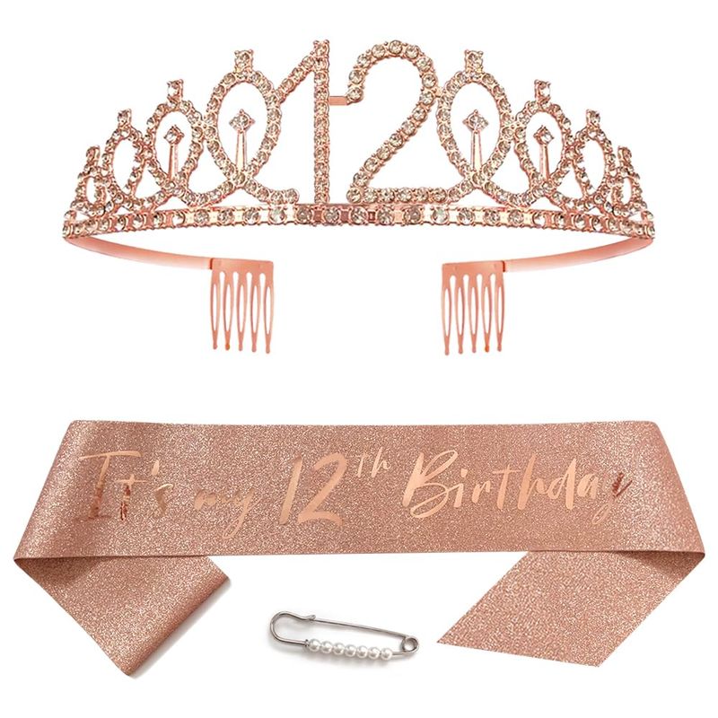 Rose Gold 12th Birthday Sash for Girls Birthday Princess Crown Queen ...