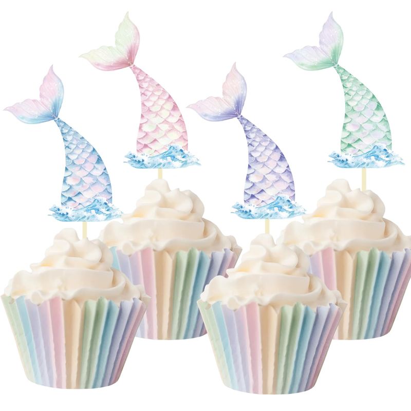 24 Pieces Mermaid Tail Cupcake Toppers Under the Sea Cake Decorations ...