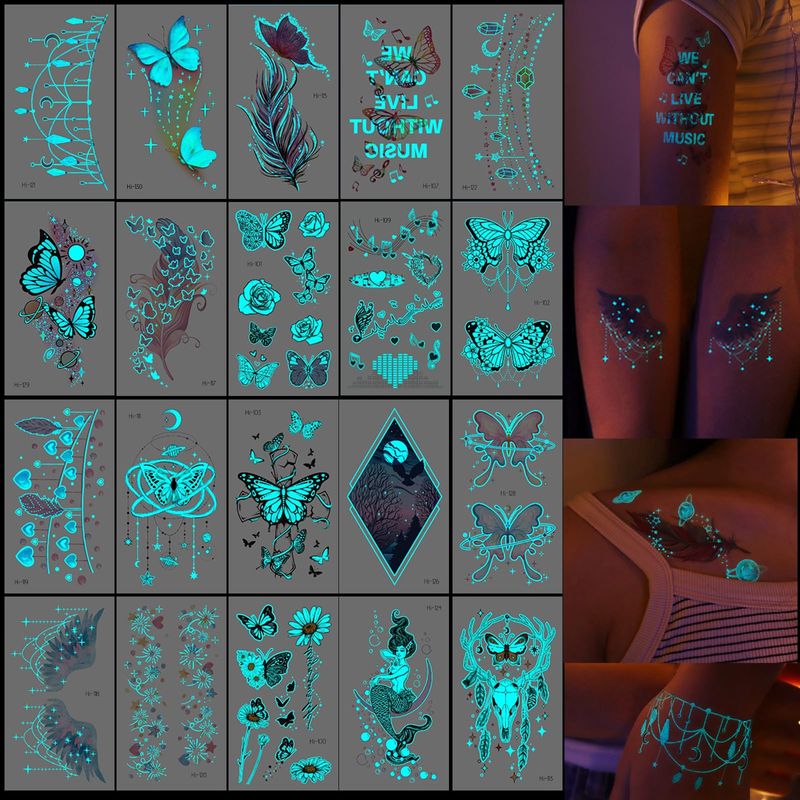 KASESSS 20 Sheets Neon Temporary Tattoos, Fake Tattoos, Blue Light ...