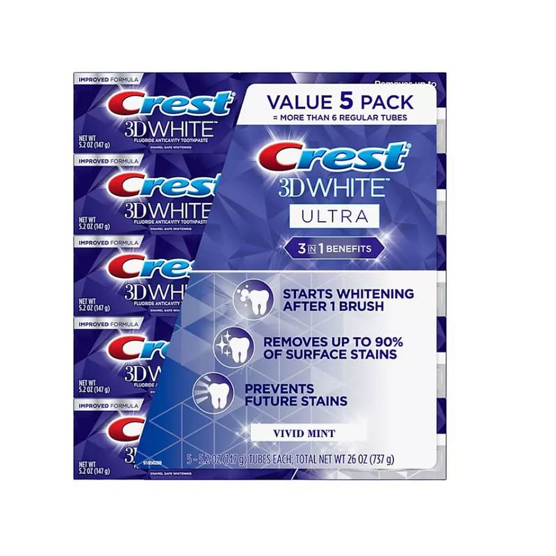 Crest 3D White Ultra Whitening Toothpaste, Vivid Mint (5.2 oz., 5 pk ...