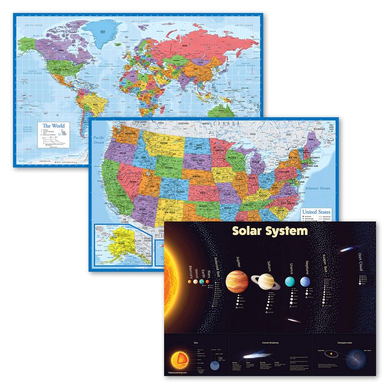 3 Pack - World & USA Maps + Solar System Poster Set [BLUE] (LAMINATED ...
